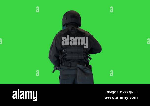 Tactical police unit running with a rifle on a Green Screen, Chroma Key ...