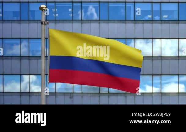 3D illustration Colombian flag waving in a modern skyscraper city ...