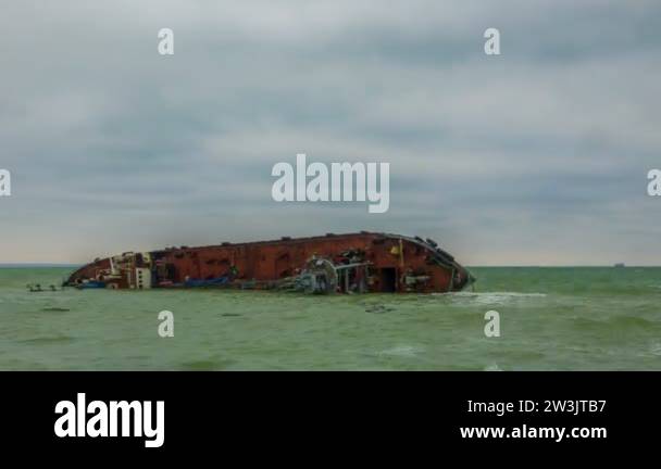 Sunken Tanker Ship in the Sea After the Massive Storm. Ecological ...