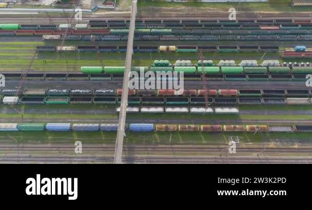 Top view of freight trains at a railway junction. large railway ...