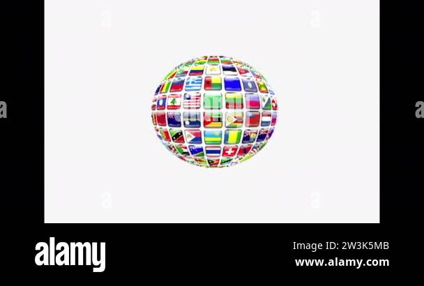World globe with all the flags of the earth rotates around its axis ...