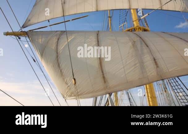A View from the Deck at the Mast, Blowing Sails and Rigging of a Big ...