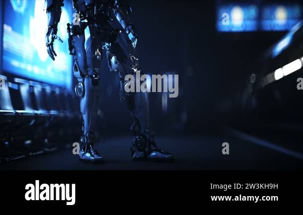 Robot on the Sci Fi railway futuristic station. Future concept. Aerial ...