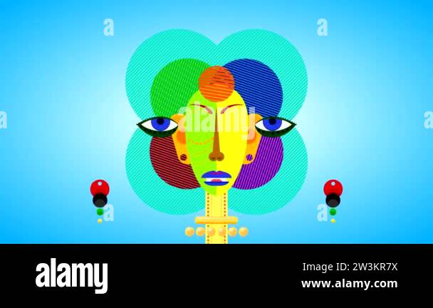 Abstract painted girl head with multi-colored face elements, rotating ...