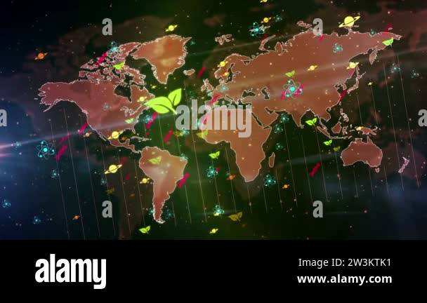 Science and education symbols and icons on digital world map loopable ...