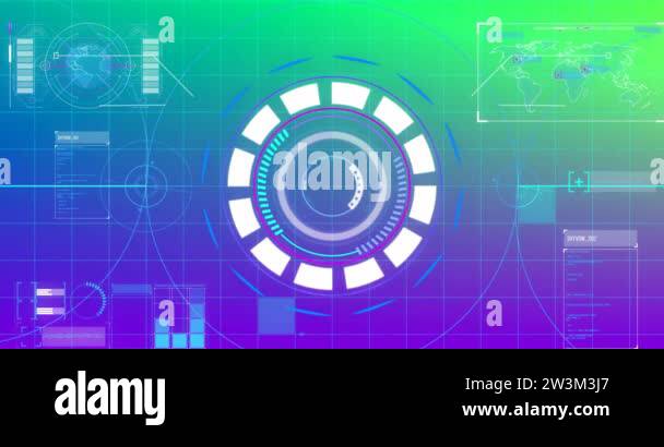 Animation of scope scanning and data processing with world map over green to purple background ...