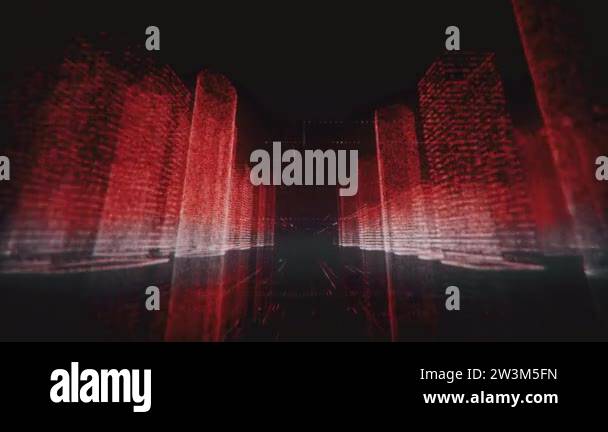 Flying through neon digital model of abstract modern business city made ...