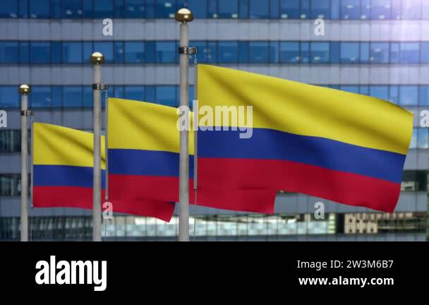 3D illustration Colombian flag waving in a modern skyscraper city ...