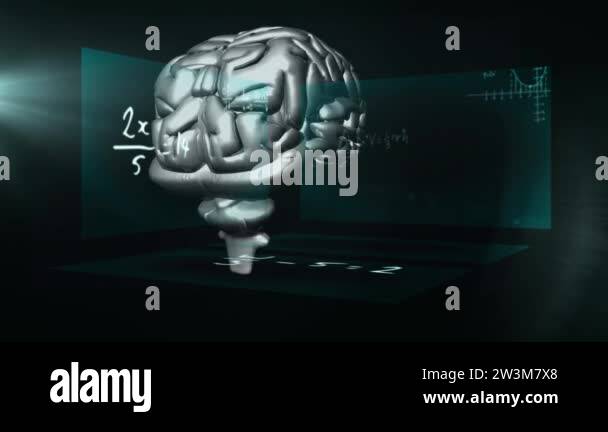 Animation of a 3d silver human brain turning with screens showing maths ...