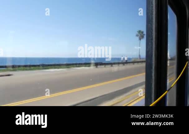 Bus window, pacific coast highway, freeway 101, California USA. Road ...