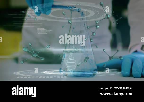 Animation of dna strand spinning and data processing over scientist ...