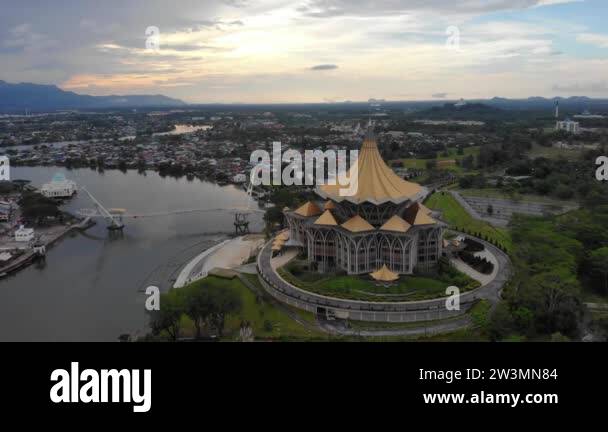 Cinematic aerial shot of Sarawak Legislative Building or known as ...