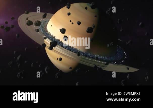 Planet Saturn in outer space. City located along the rings of Saturn, the concept of the ...
