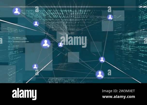 Animation of a web of connections with social icons floating over a ...