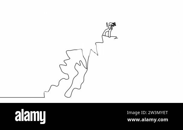Self drawn continuous outline drawing of a human on top of a mountain ...