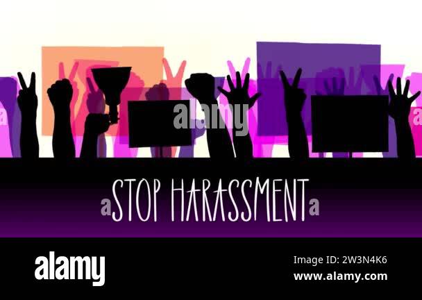 Animation with text- Stop Harassment. black silhouettes of protesters ...