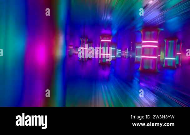 Fly through a futuristic corridor along neon glass pillars and columns ...