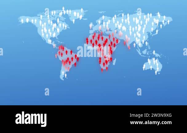 Overpopulation concept. 4k animation showing the most populated regions ...
