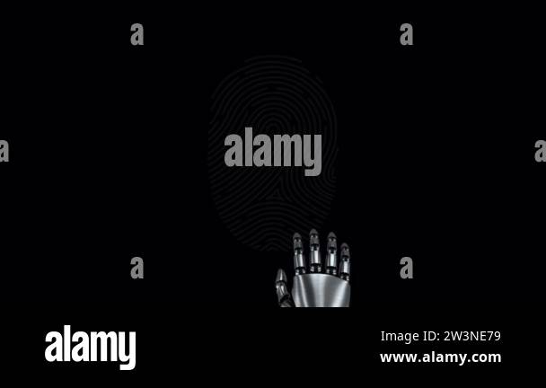 Robotic hand scanning over biometric fingerprint scanner against black ...