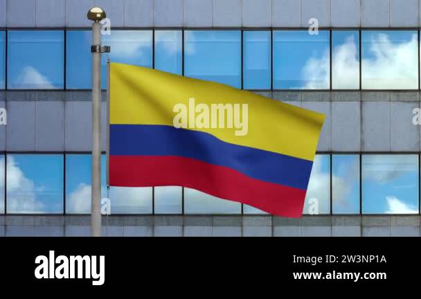3D illustration Colombian flag waving in a modern skyscraper city ...