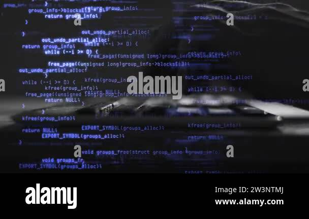 Male Hands Types Program Code On Keyboard Blue Source Code Overlay Code And Information