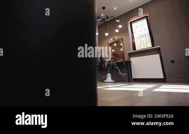Hair salon interior. Empty chairs in styled barbershop. Barbershop room ...