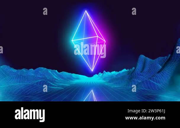 Synthwave wireframe landscape 80s retro futuristic sci-fi. Neon rhombus ...