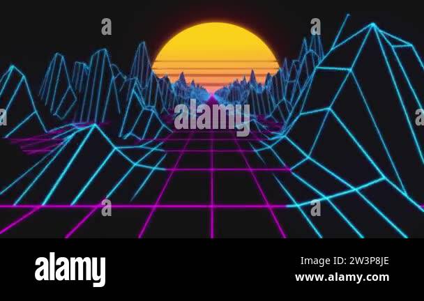 Retrowave horizon landscape with neon lights and low poly terrain. 80s ...