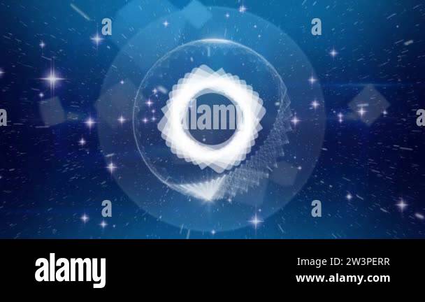 Spot of light and shining stars over round scanner against blue ...