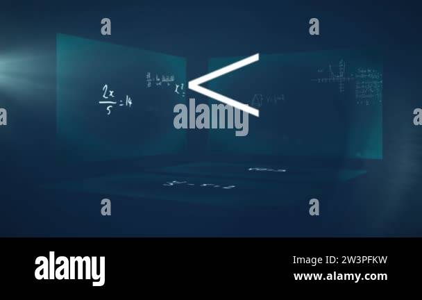 Animation of mathematical symbols floating over three screens showing ...