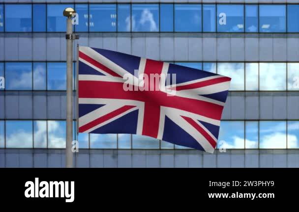 3D illustration United Kingdom flag waving in modern skyscraper city ...