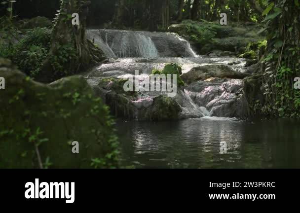 Beautiful fresh water rapids flowing into the natural pond under ...