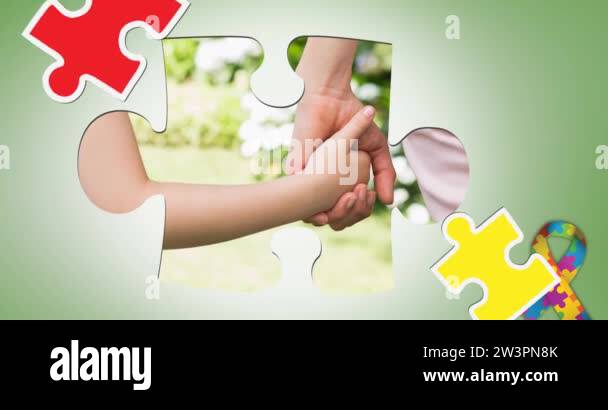 Animation of red and yellow puzzle pieces falling over mother and ...