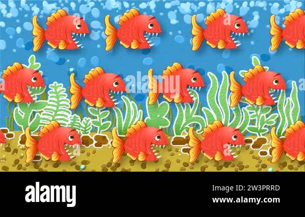Abstract animation of a school of fish swimming horizontally opening ...