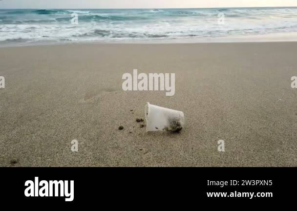 Disposal Plastic glass waste on sandy sea shore,polluted nature,cilento ...