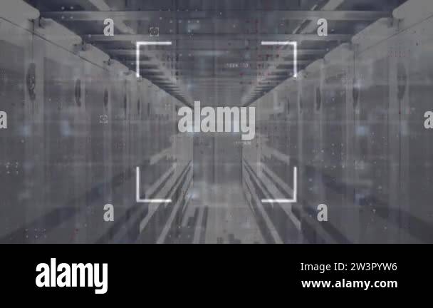 Animation of scope scanning with floating numbers rising over an empty server room. Digital ...