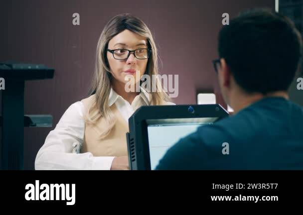 Realistic human-like robot speaking to a man. Robotic science ...