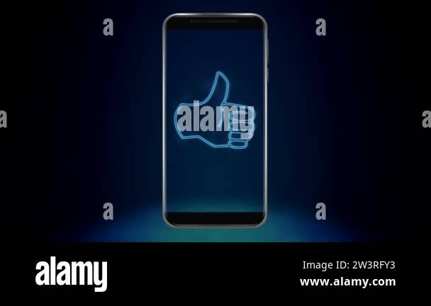 Animation of blue neon style Like icon, flickering on smartphone screen ...
