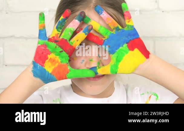 Kid Playing Painted Hands, Child Looking in Camera, Smiling School ...