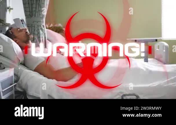 Animation of a red biological hazard icon with white word WARNING! with ...