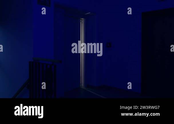 Empty elevator is arriving and doors opening and closing to dark ...