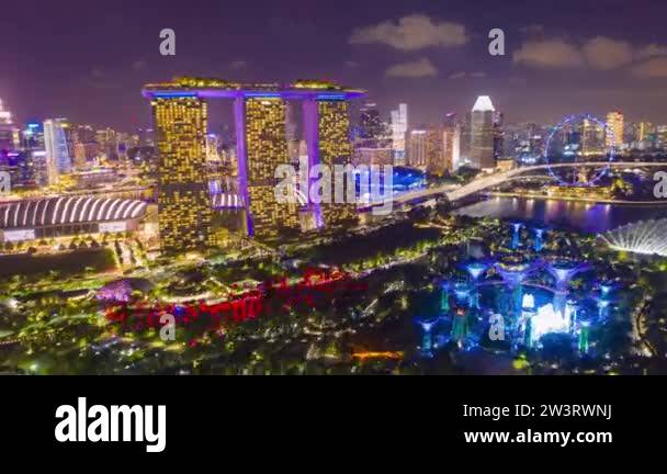 hyperlapse of Singapore City Skyline on night. aerial view hyper lapse ...