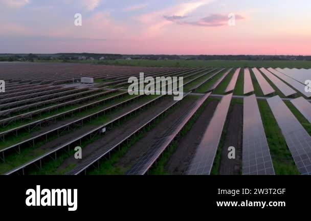 Drone fly over Solar Farm. Renewable green energy and electrical ...