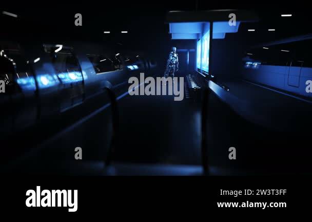 Robot on the Sci Fi railway futuristic station. Future concept. Aerial ...