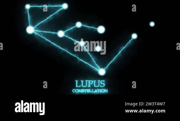 Lupus constellation. Light rays, laser light shining blue color. Stars in the night sky. Cluster ...