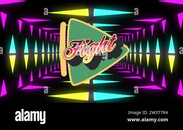 Animation of fight text over green play button on neon yellow, blue and ...