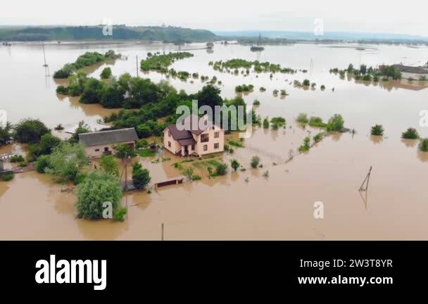 Aerial view Floods and flooded houses. Mass natural disasters and ...