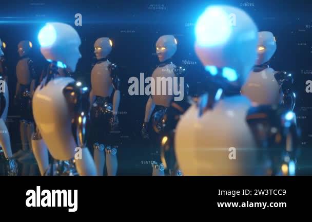 An endless corridor of robots facing each other. Future technology and ...
