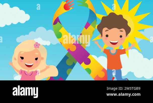 Animation of autism awareness ribbon formed with puzzles over boy and ...