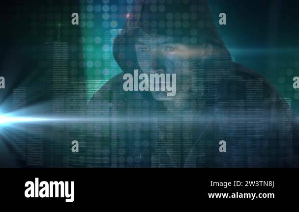 Animation of flickering green spots of light and cityscape over hacker in hood looking around ...